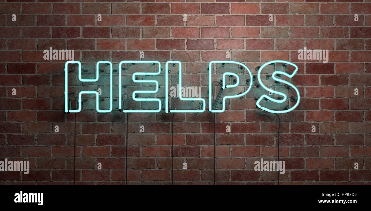 HELPS - fluorescent Neon tube Sign on brickwork - Front view - 3D ...