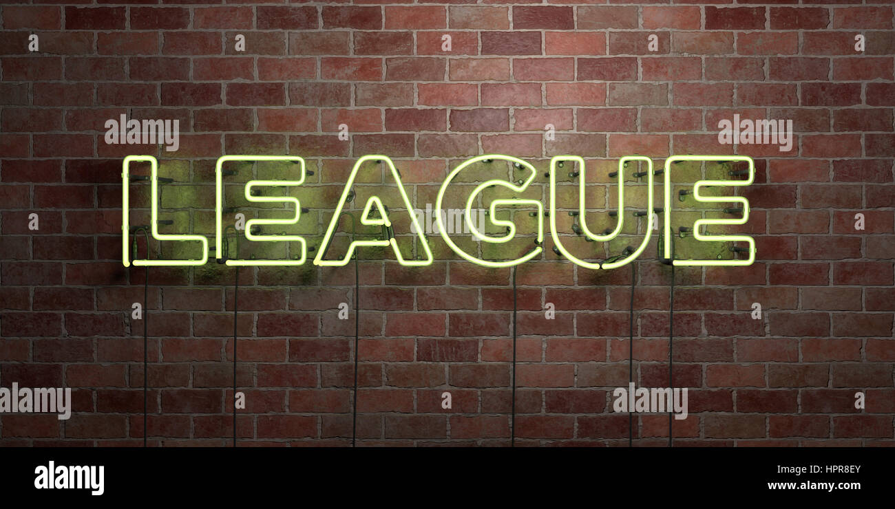 LEAGUE - fluorescent Neon tube Sign on brickwork - Front view - 3D ...
