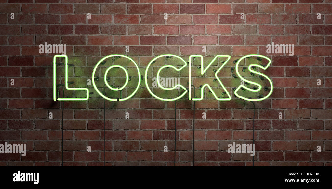 LOCKS - fluorescent Neon tube Sign on brickwork - Front view - 3D ...