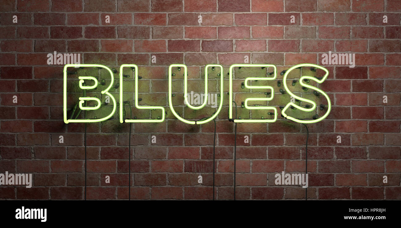 BLUES - fluorescent Neon tube Sign on brickwork - Front view - 3D ...