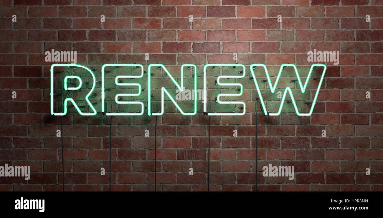 RENEW - fluorescent Neon tube Sign on brickwork - Front view - 3D ...