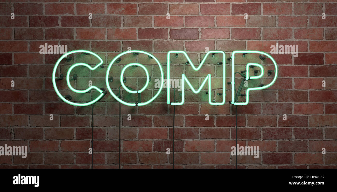 COMP - fluorescent Neon tube Sign on brickwork - Front view - 3D ...