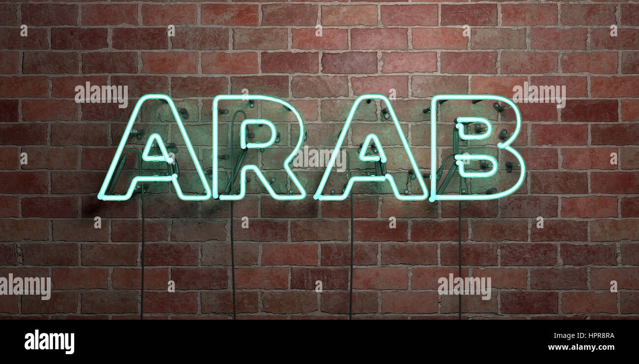 ARAB - fluorescent Neon tube Sign on brickwork - Front view - 3D ...