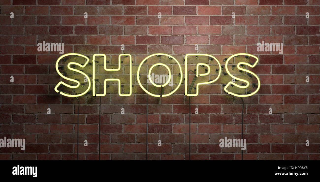 SHOPS - fluorescent Neon tube Sign on brickwork - Front view - 3D ...