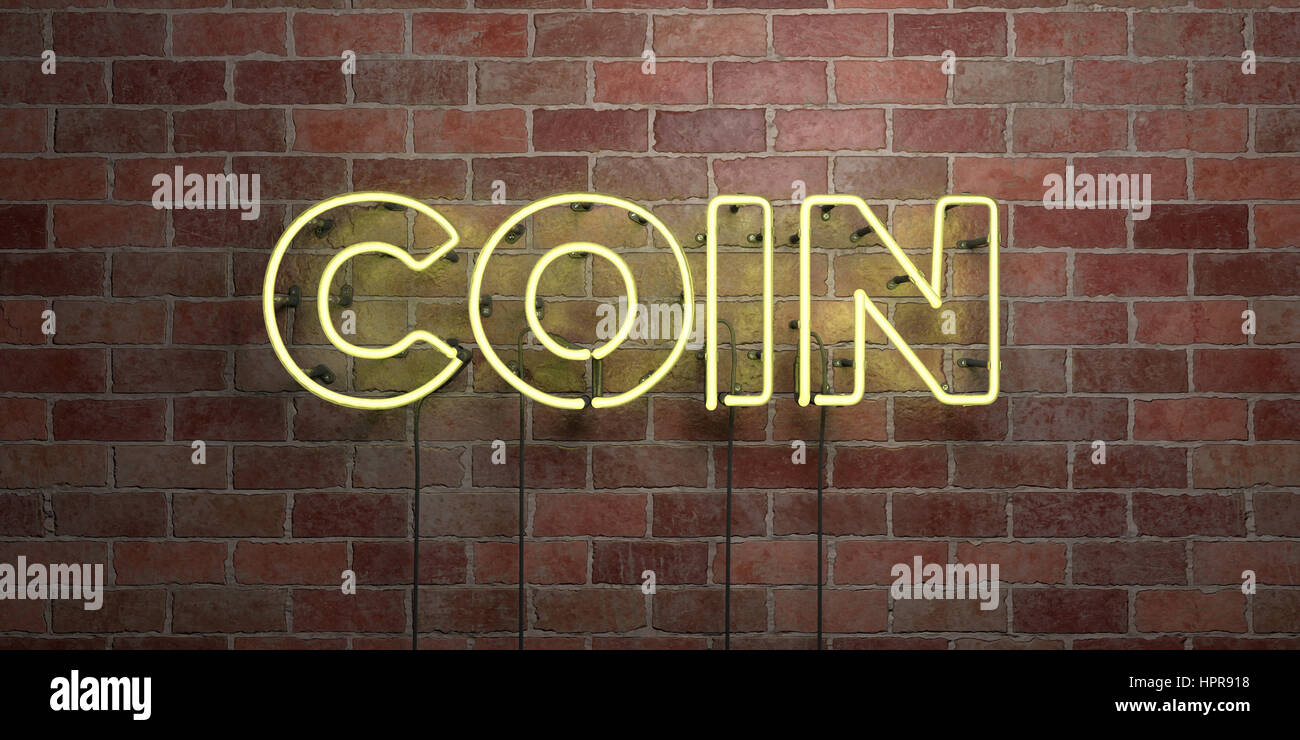 COIN - fluorescent Neon tube Sign on brickwork - Front view - 3D ...