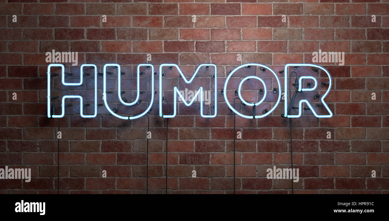 HUMOR - fluorescent Neon tube Sign on brickwork - Front view - 3D ...