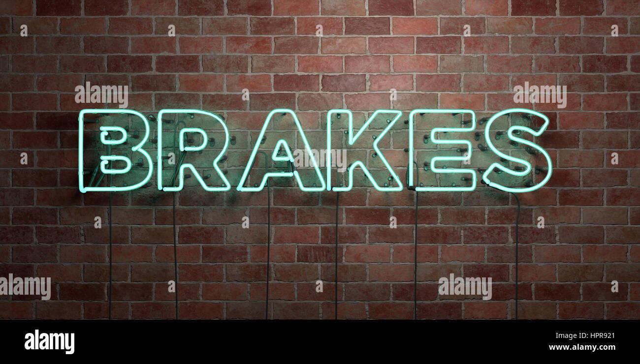 BRAKES - fluorescent Neon tube Sign on brickwork - Front view - 3D ...