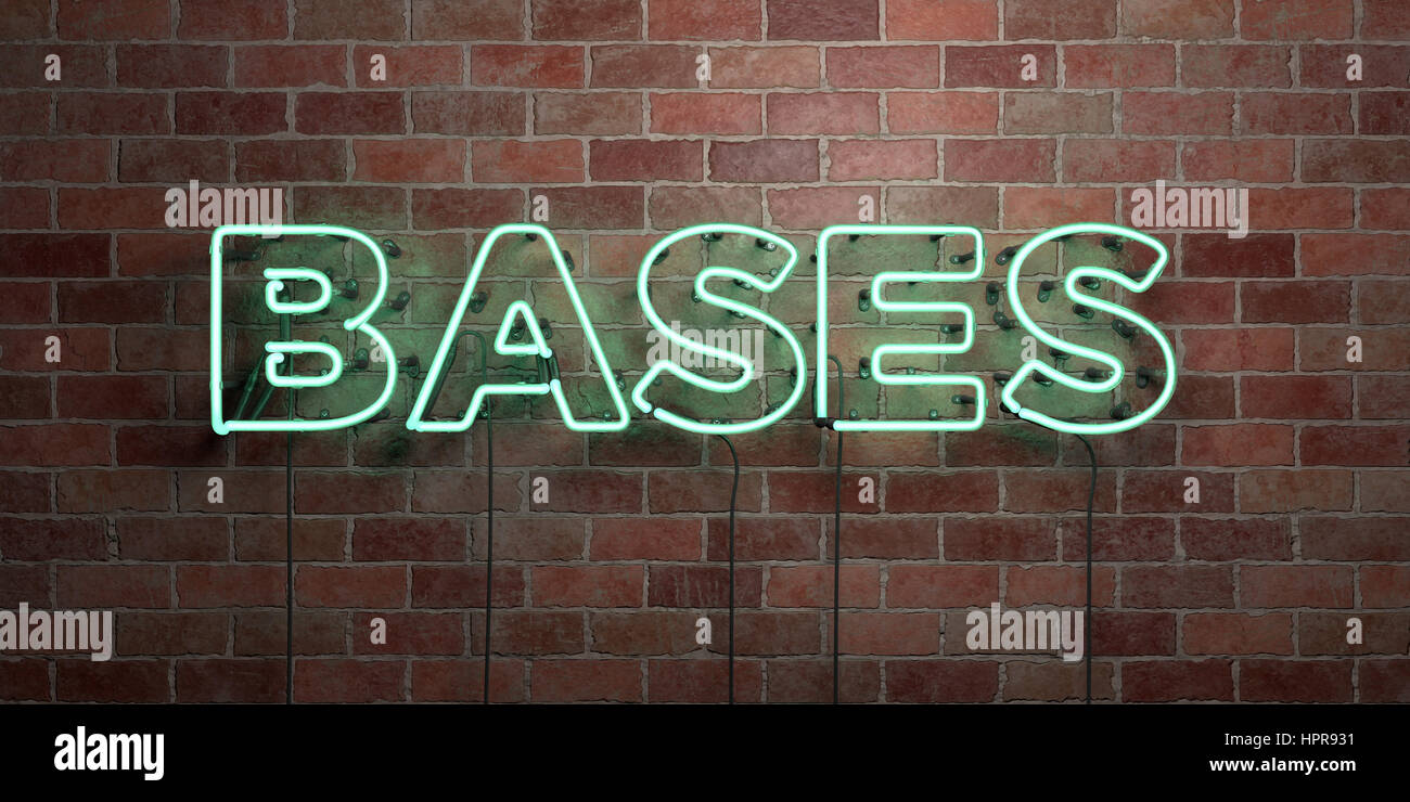 BASES - fluorescent Neon tube Sign on brickwork - Front view - 3D ...