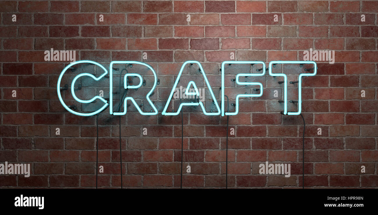 CRAFT - fluorescent Neon tube Sign on brickwork - Front view - 3D ...