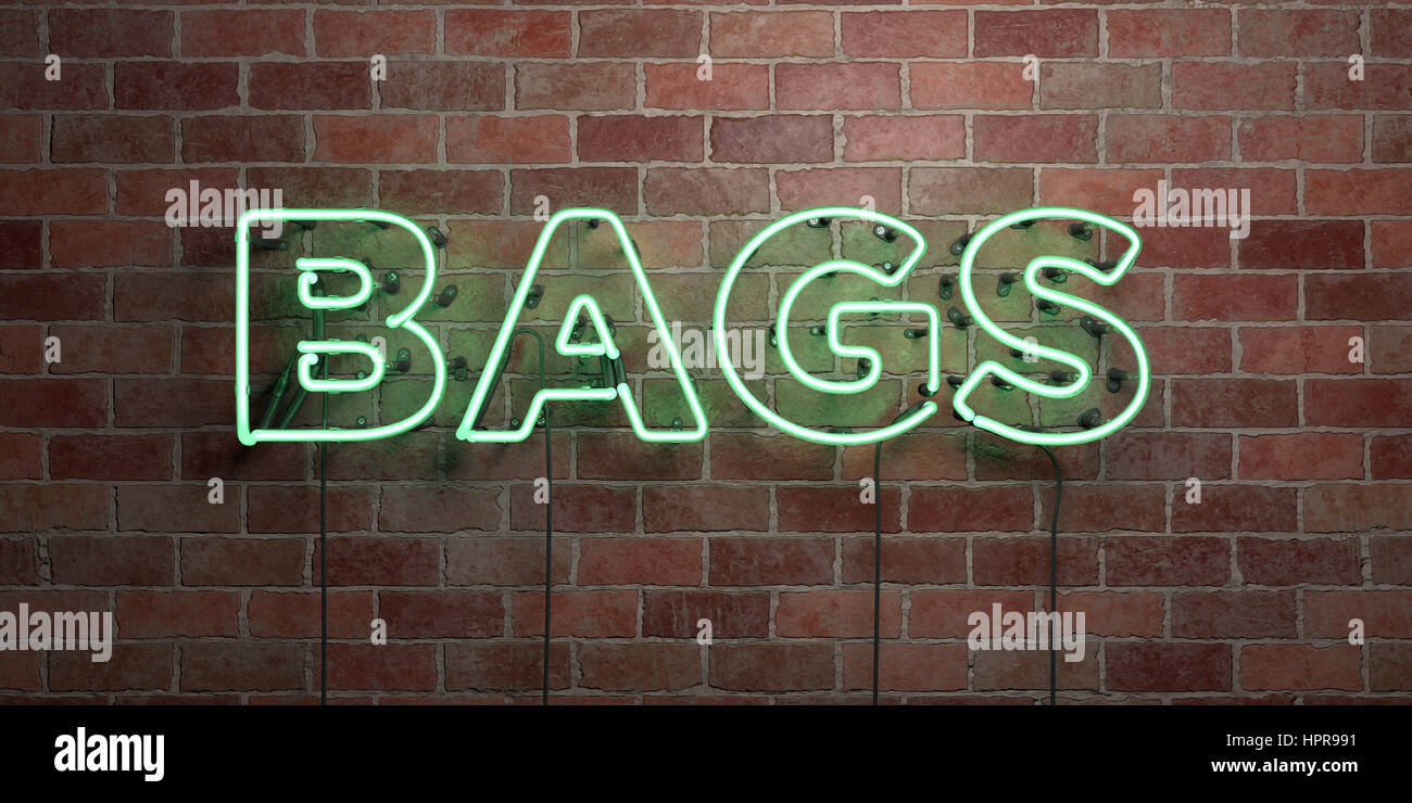 BAGS - fluorescent Neon tube Sign on brickwork - Front view - 3D ...