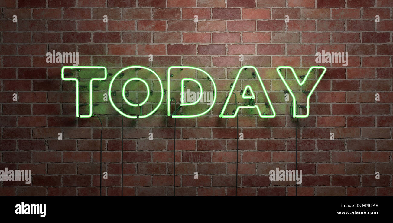 TODAY - fluorescent Neon tube Sign on brickwork - Front view - 3D ...
