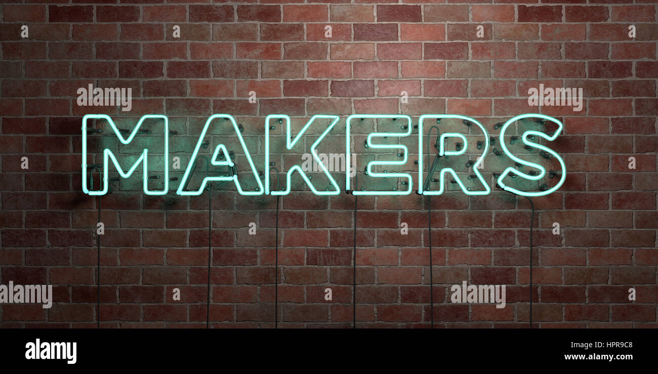 MAKERS - fluorescent Neon tube Sign on brickwork - Front view - 3D ...