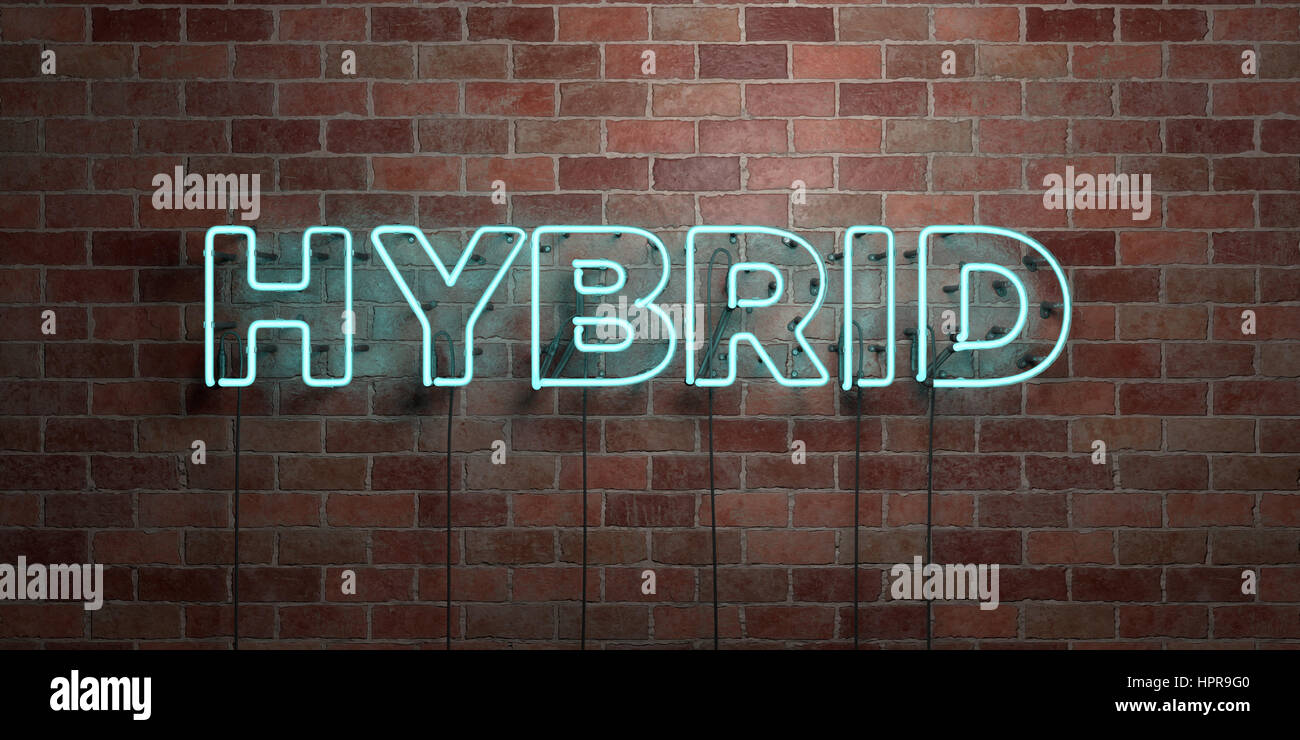 HYBRID - fluorescent Neon tube Sign on brickwork - Front view - 3D ...