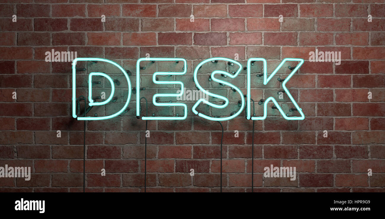 DESK - fluorescent Neon tube Sign on brickwork - Front view - 3D ...