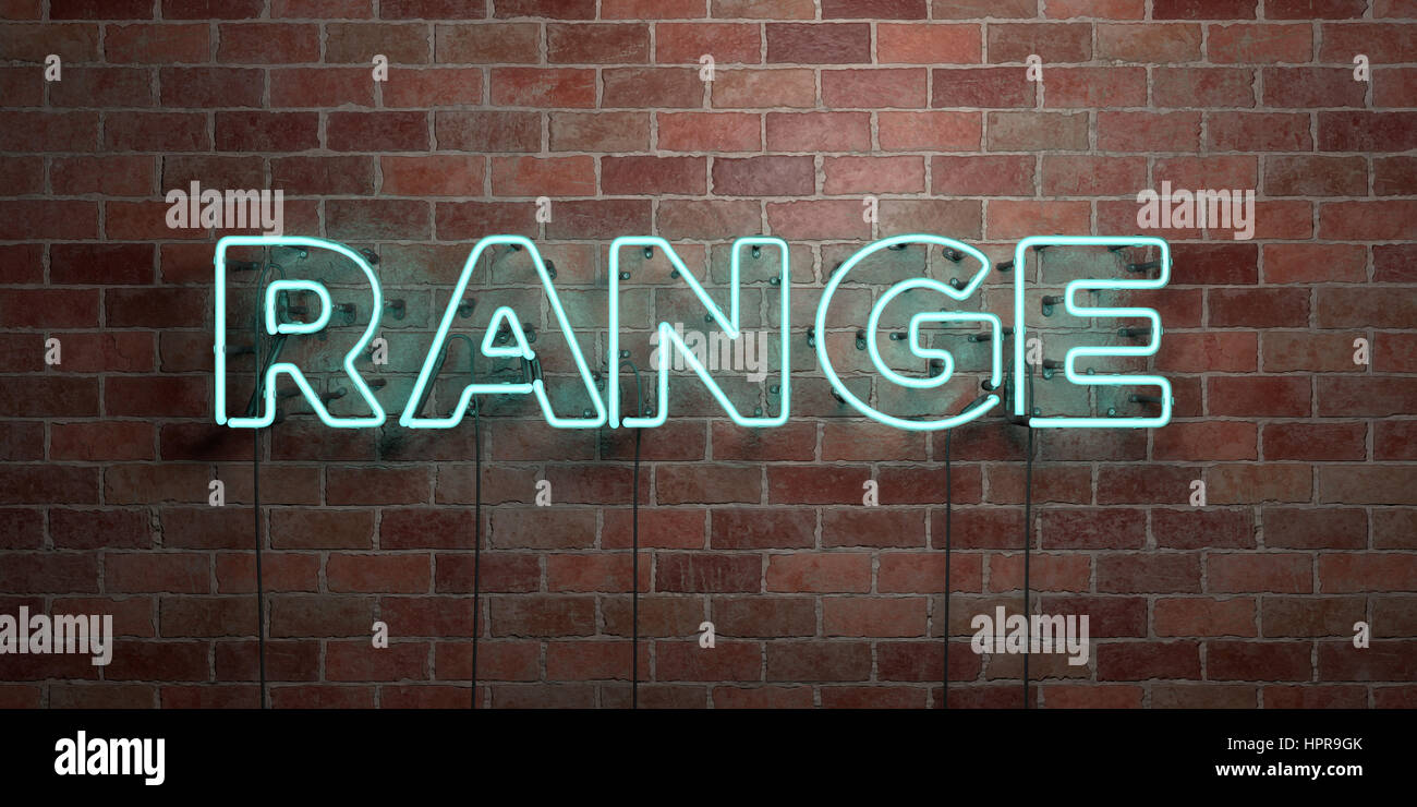 RANGE - fluorescent Neon tube Sign on brickwork - Front view - 3D ...