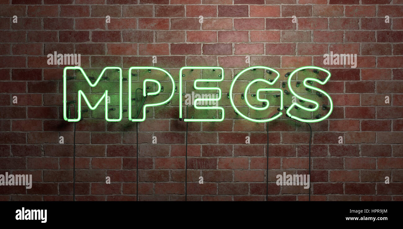 MPEGS - fluorescent Neon tube Sign on brickwork - Front view - 3D rendered royalty free stock ...