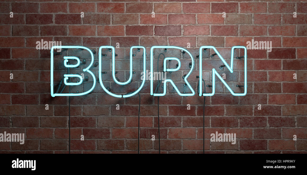 BURN - fluorescent Neon tube Sign on brickwork - Front view - 3D ...