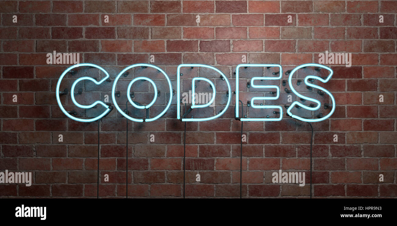 CODES - fluorescent Neon tube Sign on brickwork - Front view - 3D ...