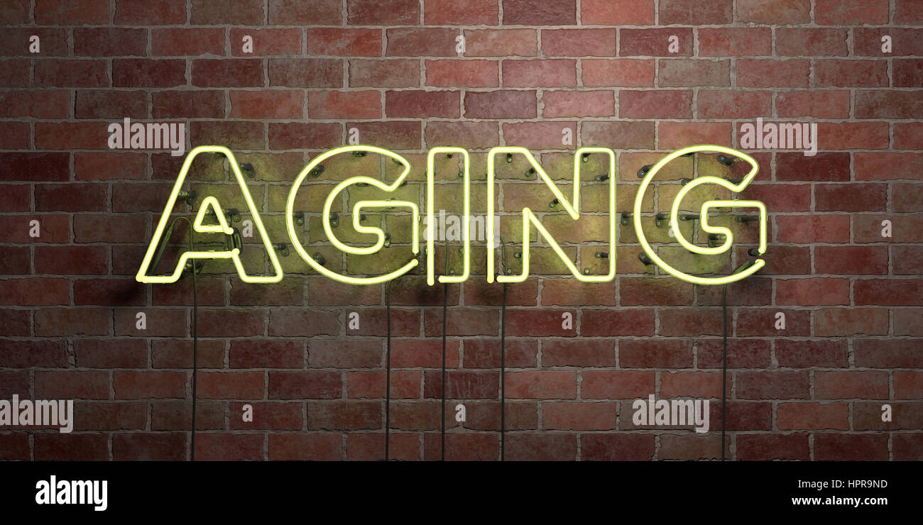 AGING - fluorescent Neon tube Sign on brickwork - Front view - 3D ...