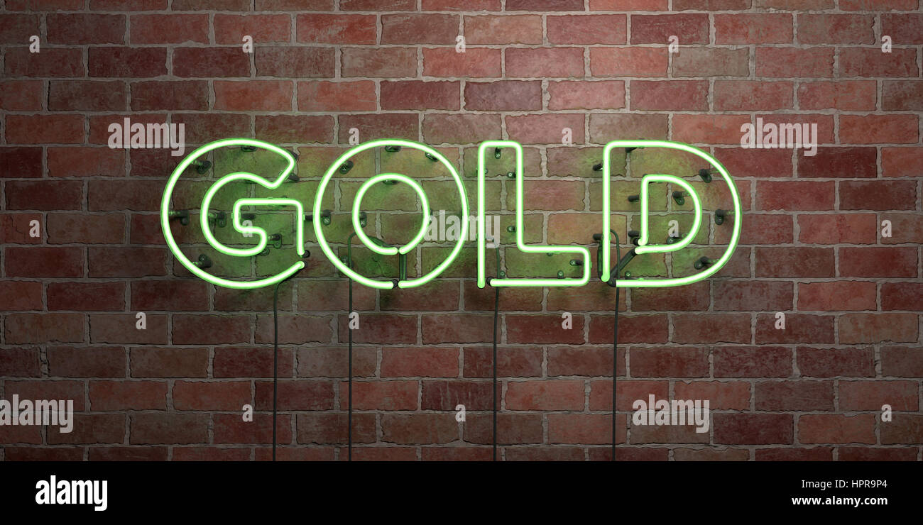 GOLD - fluorescent Neon tube Sign on brickwork - Front view - 3D ...