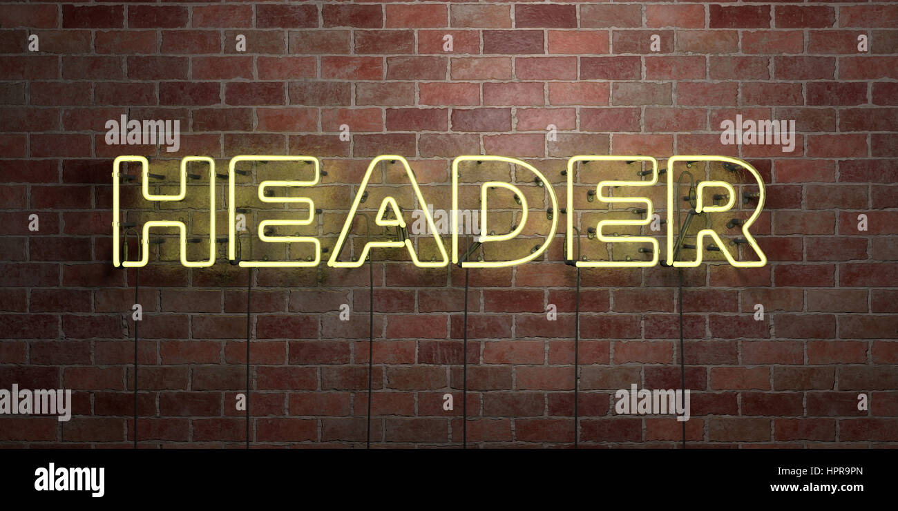 HEADER - fluorescent Neon tube Sign on brickwork - Front view - 3D ...
