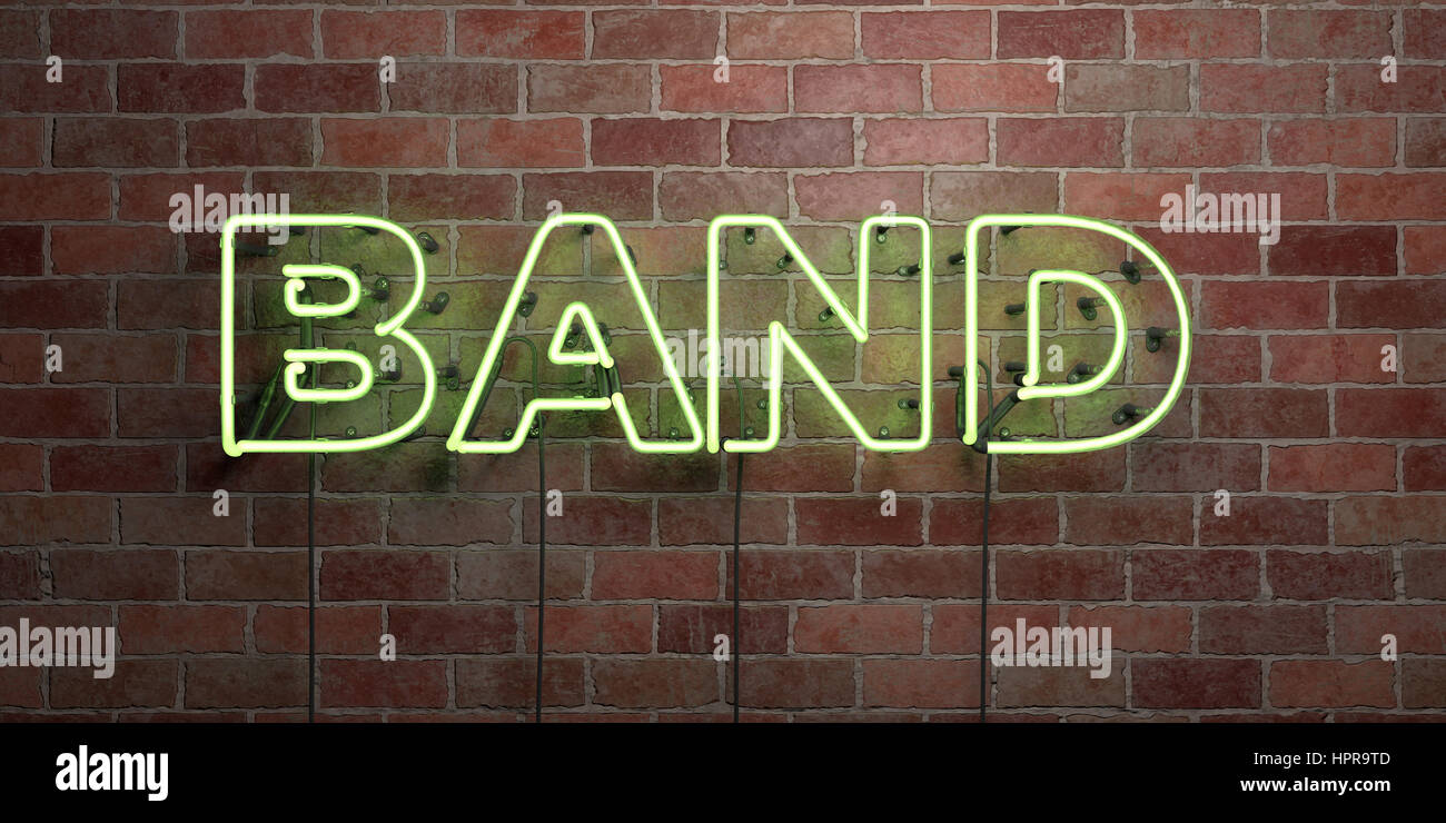 BAND - fluorescent Neon tube Sign on brickwork - Front view - 3D ...