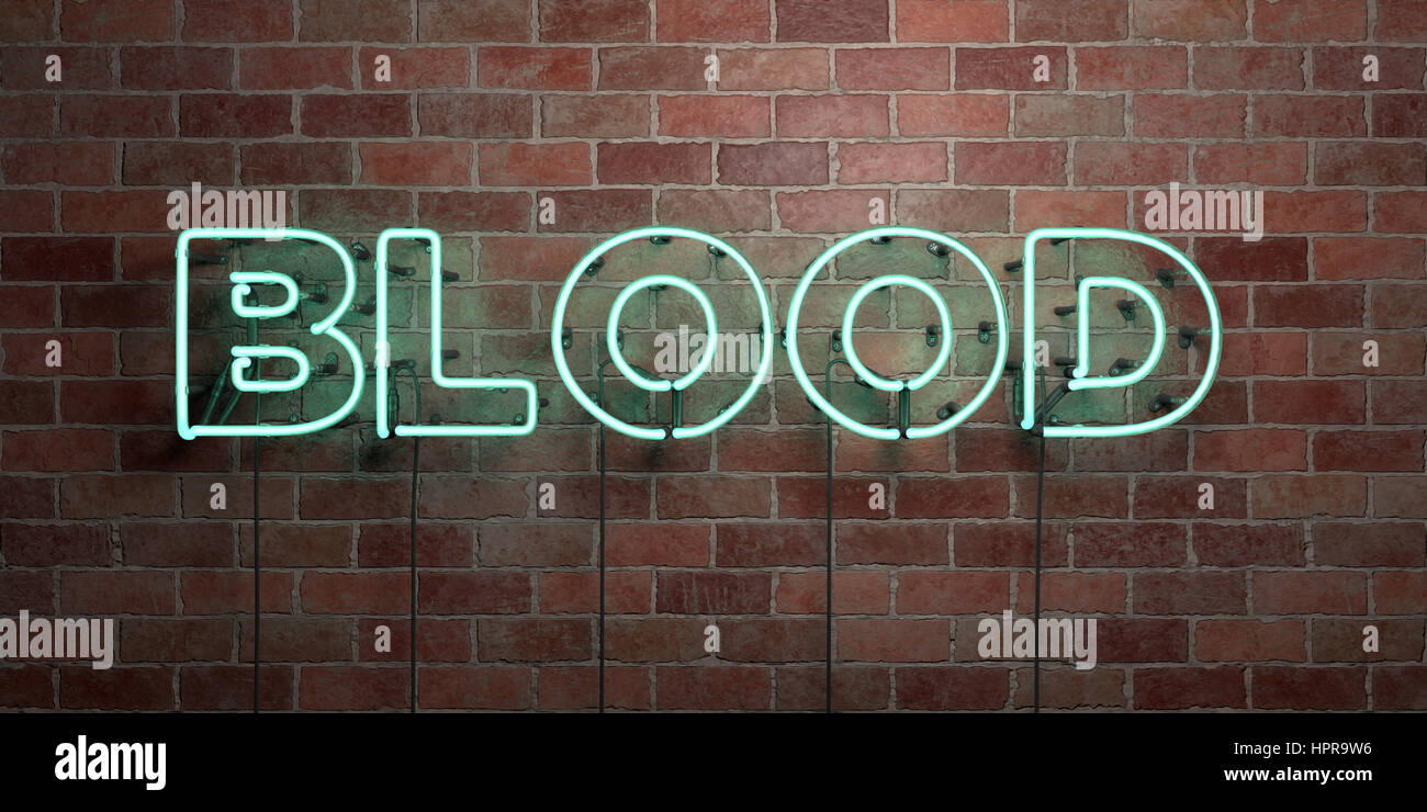 BLOOD - fluorescent Neon tube Sign on brickwork - Front view - 3D ...