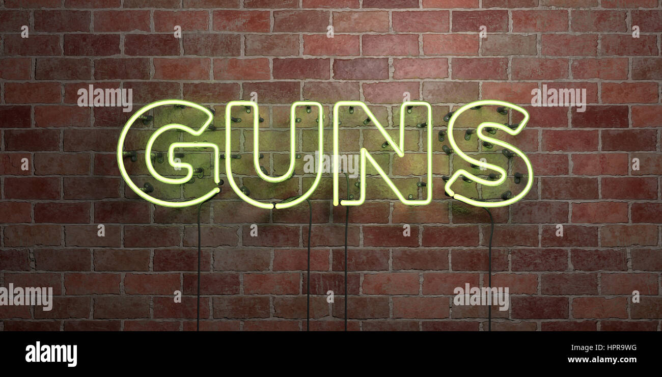 GUNS - fluorescent Neon tube Sign on brickwork - Front view - 3D ...