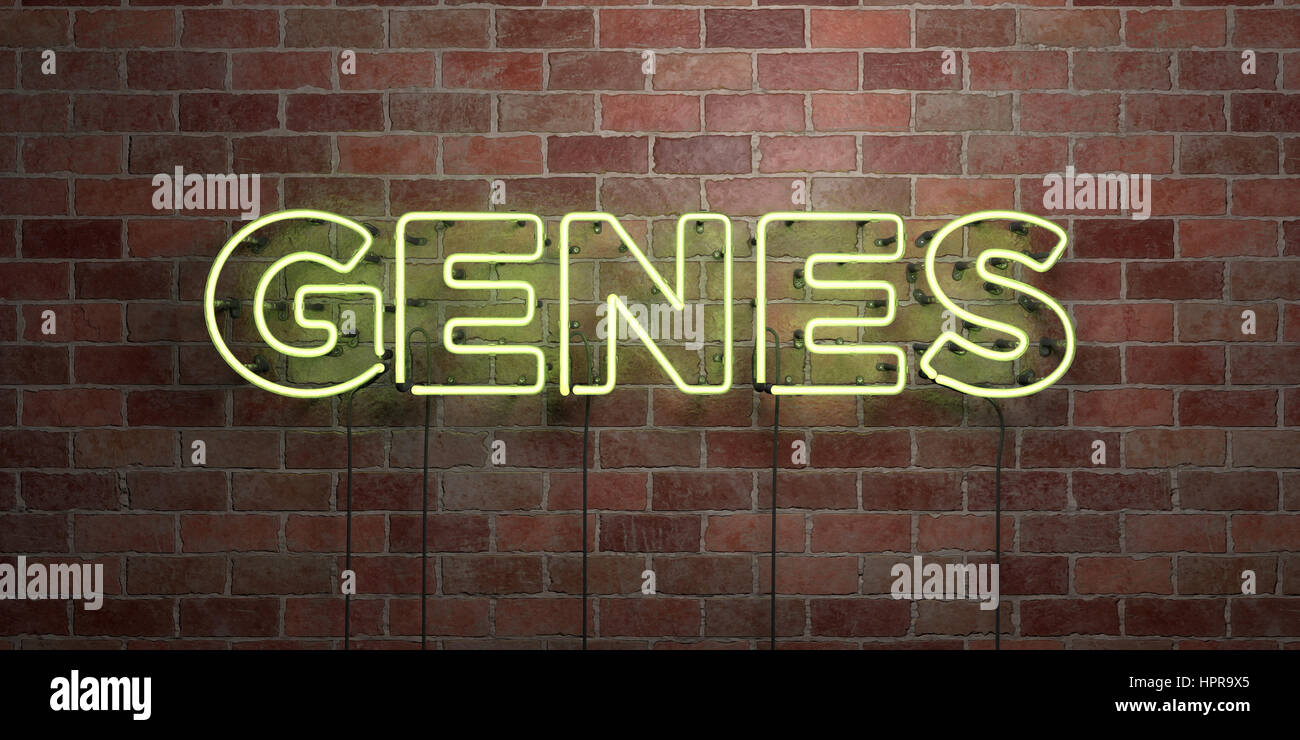GENES - fluorescent Neon tube Sign on brickwork - Front view - 3D ...