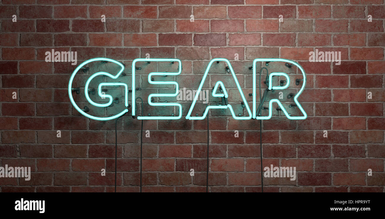 GEAR - fluorescent Neon tube Sign on brickwork - Front view - 3D ...