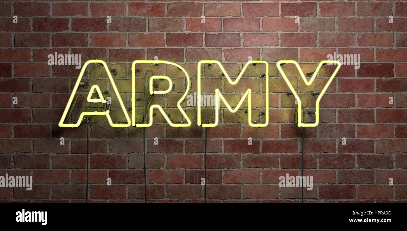ARMY - fluorescent Neon tube Sign on brickwork - Front view - 3D ...