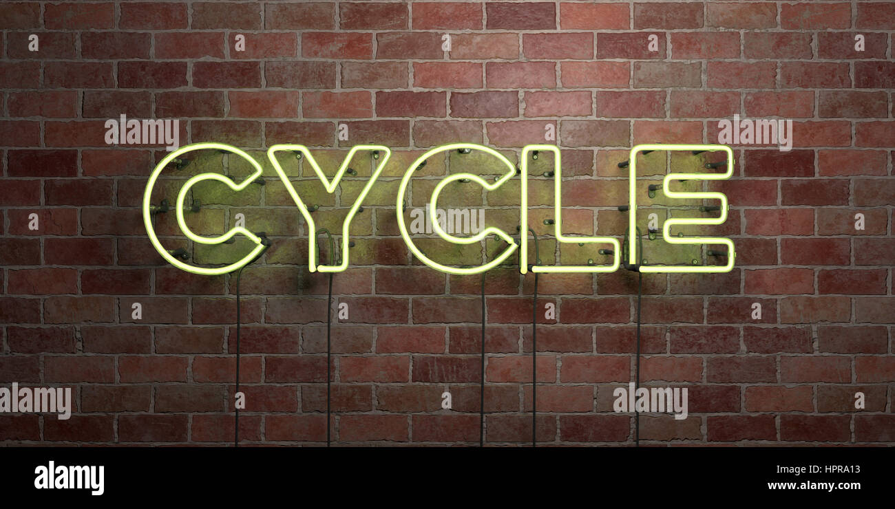 CYCLE - fluorescent Neon tube Sign on brickwork - Front view - 3D ...