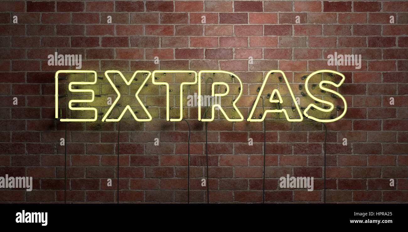 EXTRAS - fluorescent Neon tube Sign on brickwork - Front view - 3D rendered royalty free stock ...