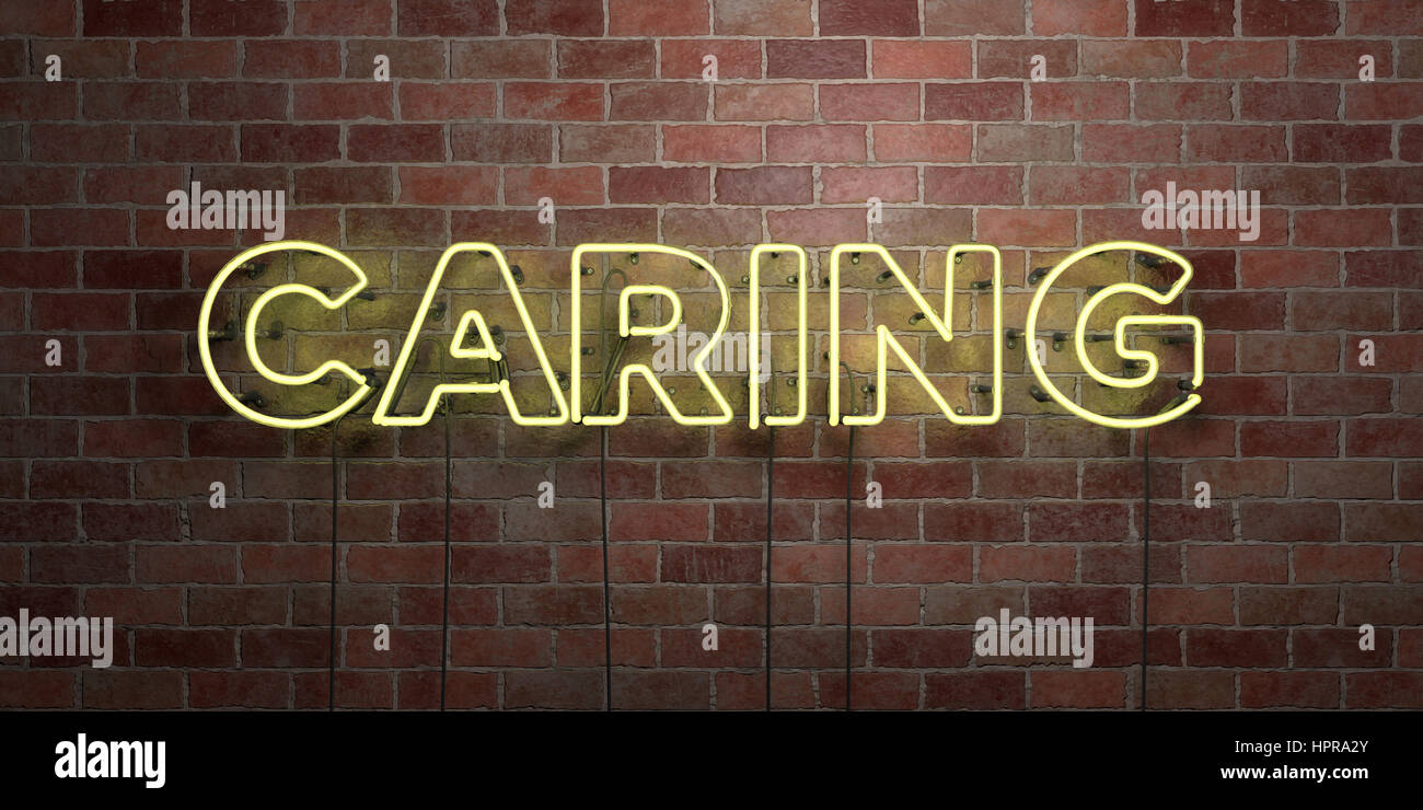 CARING - fluorescent Neon tube Sign on brickwork - Front view - 3D ...
