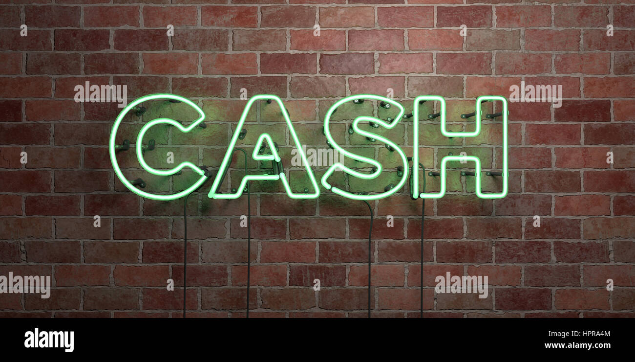 CASH - fluorescent Neon tube Sign on brickwork - Front view - 3D ...