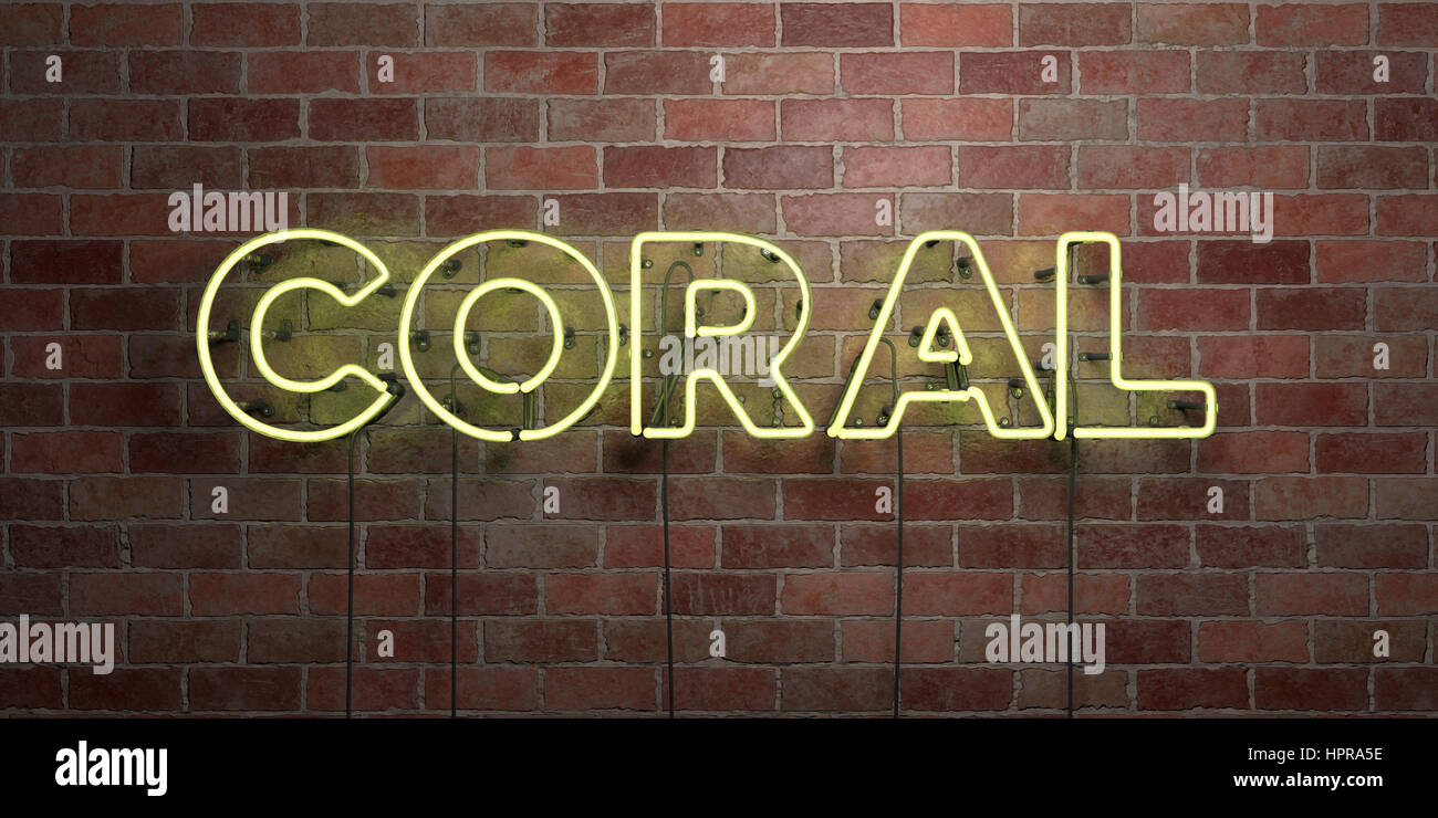 CORAL - fluorescent Neon tube Sign on brickwork - Front view - 3D ...