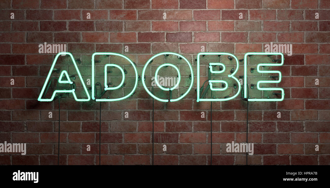ADOBE - fluorescent Neon tube Sign on brickwork - Front view - 3D ...