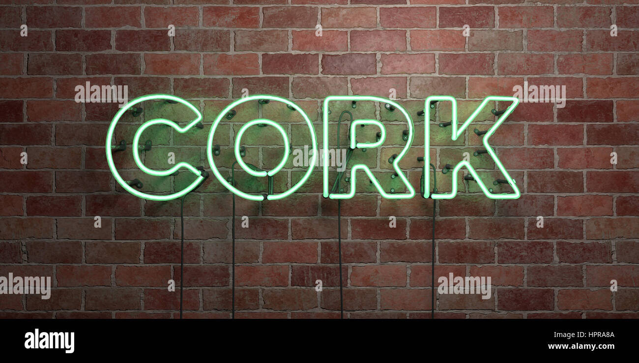CORK - fluorescent Neon tube Sign on brickwork - Front view - 3D ...