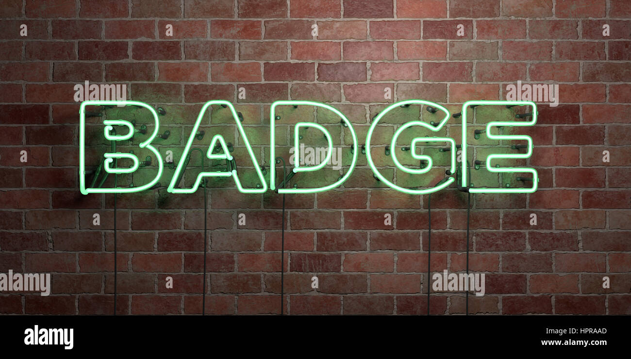 BADGE - fluorescent Neon tube Sign on brickwork - Front view - 3D ...