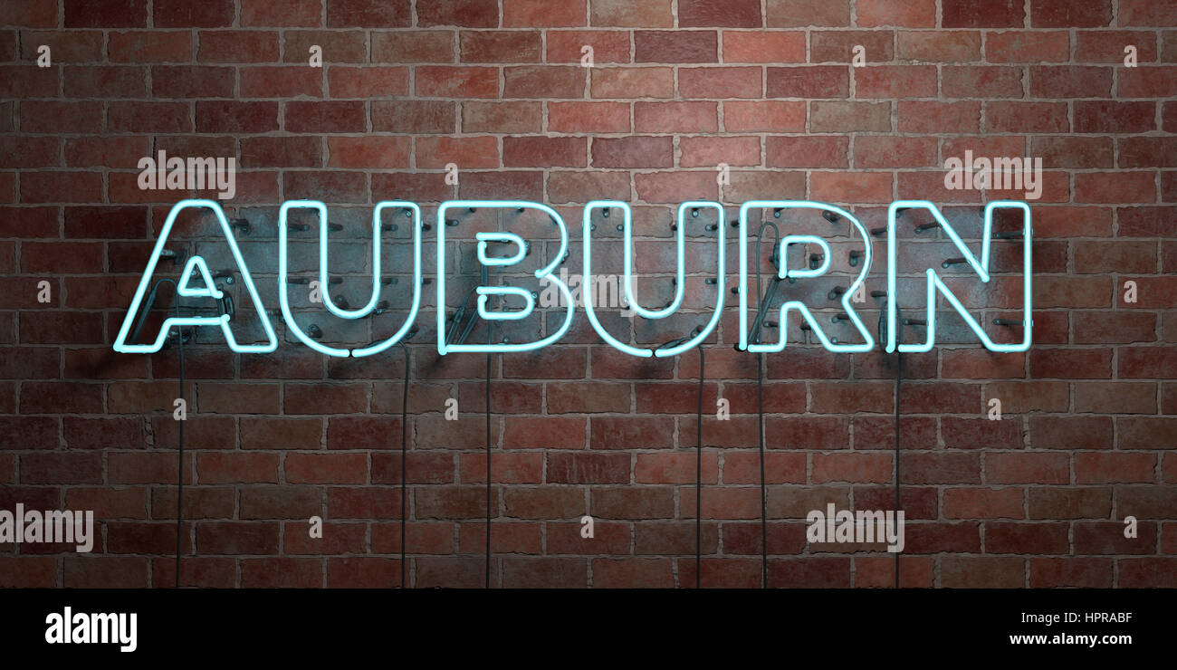 AUBURN - fluorescent Neon tube Sign on brickwork - Front view - 3D ...