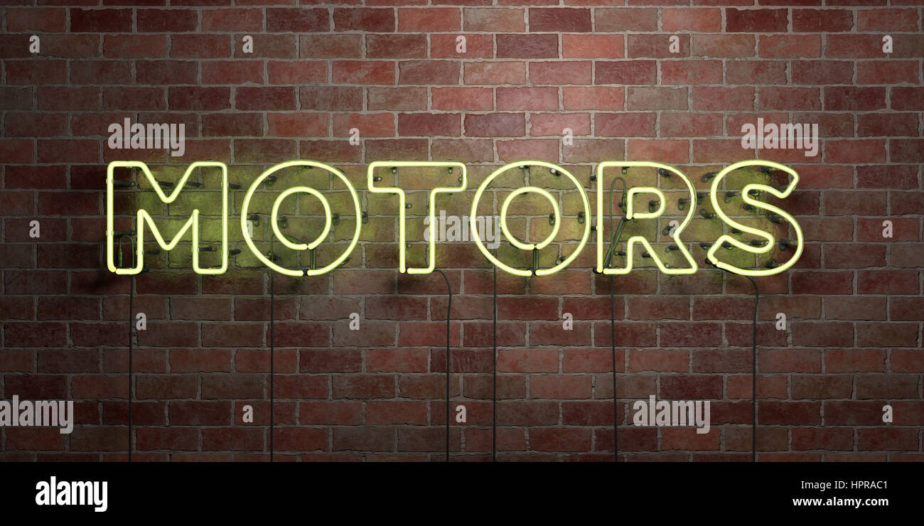 MOTORS - fluorescent Neon tube Sign on brickwork - Front view - 3D ...