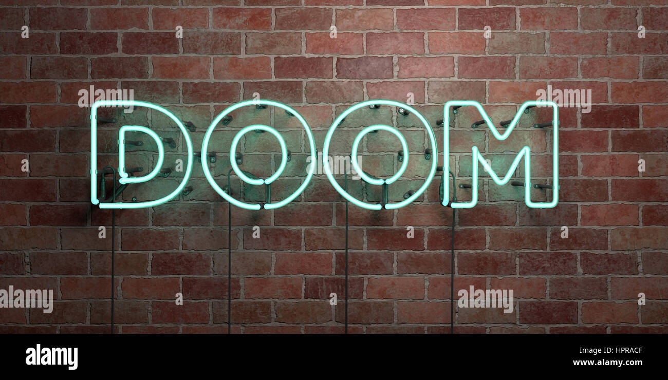 DOOM - fluorescent Neon tube Sign on brickwork - Front view - 3D ...