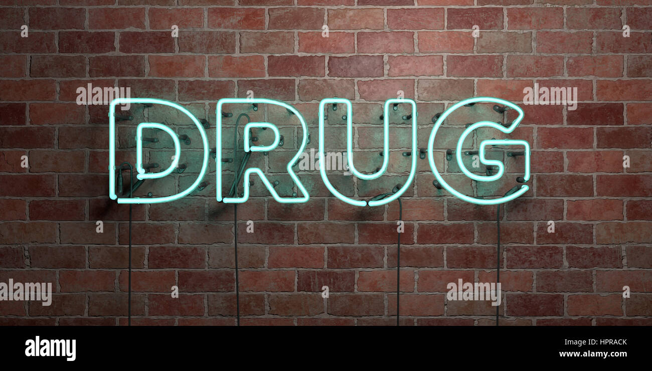 DRUG - fluorescent Neon tube Sign on brickwork - Front view - 3D ...