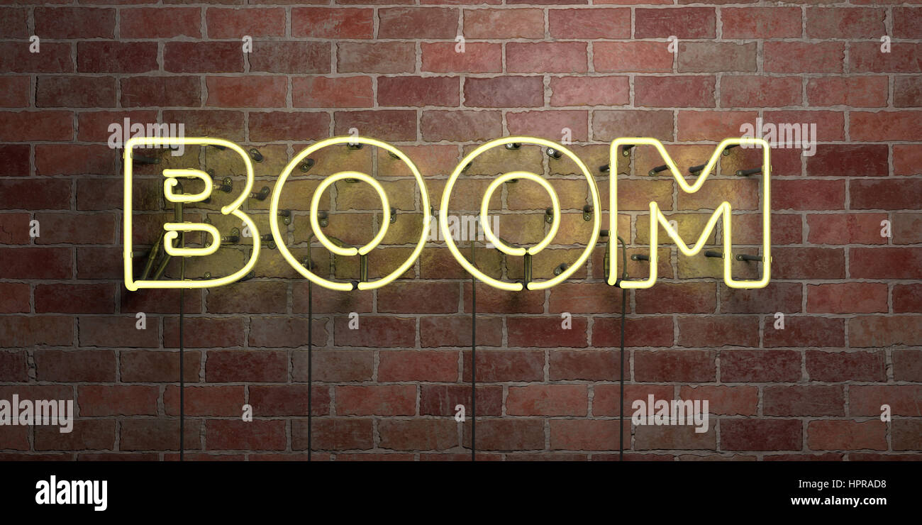 BOOM - fluorescent Neon tube Sign on brickwork - Front view - 3D ...