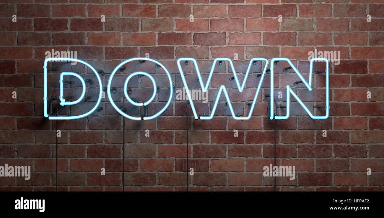 DOWN - fluorescent Neon tube Sign on brickwork - Front view - 3D ...