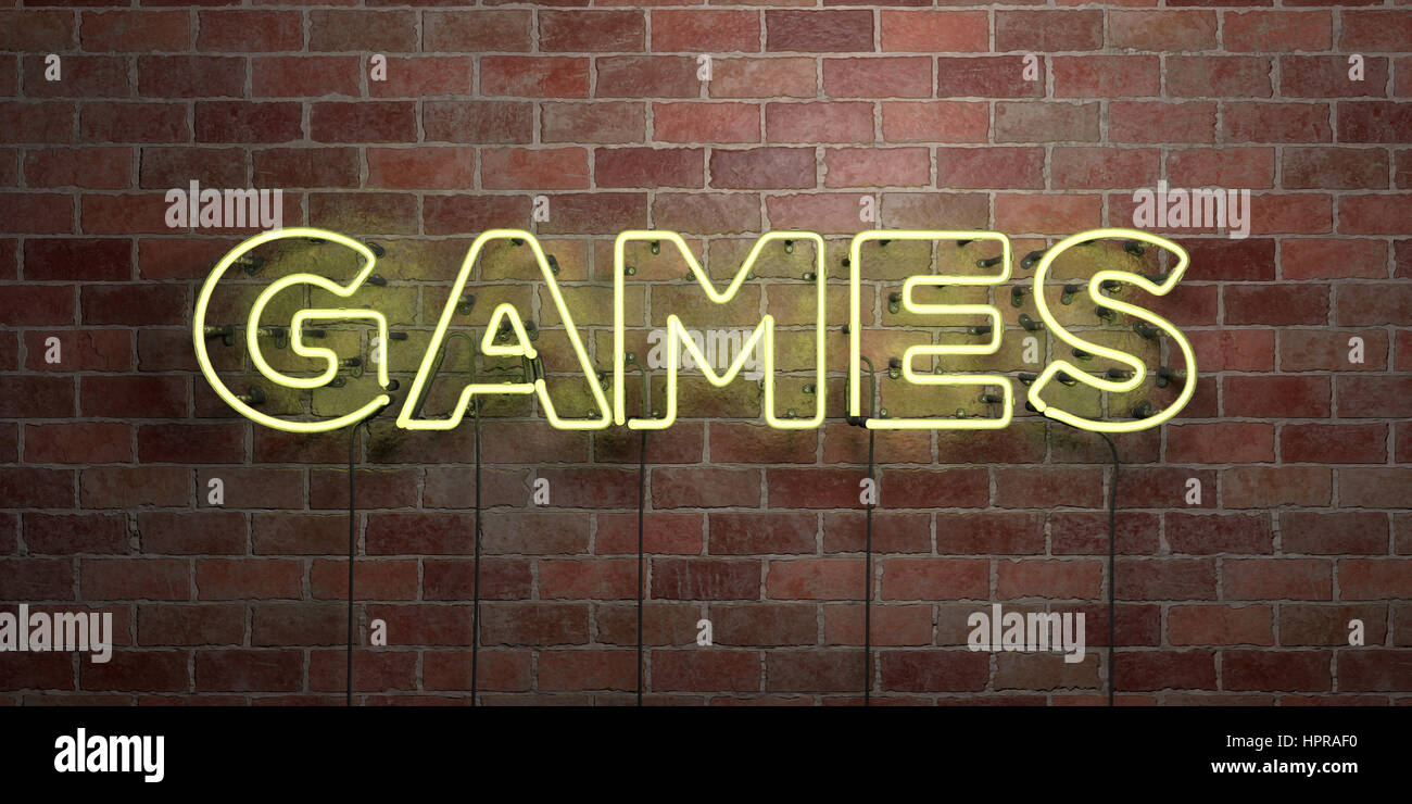 GAMES - fluorescent Neon tube Sign on brickwork - Front view - 3D ...