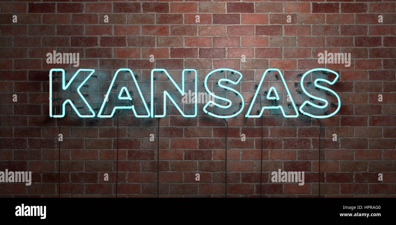 KANSAS - fluorescent Neon tube Sign on brickwork - Front view - 3D ...