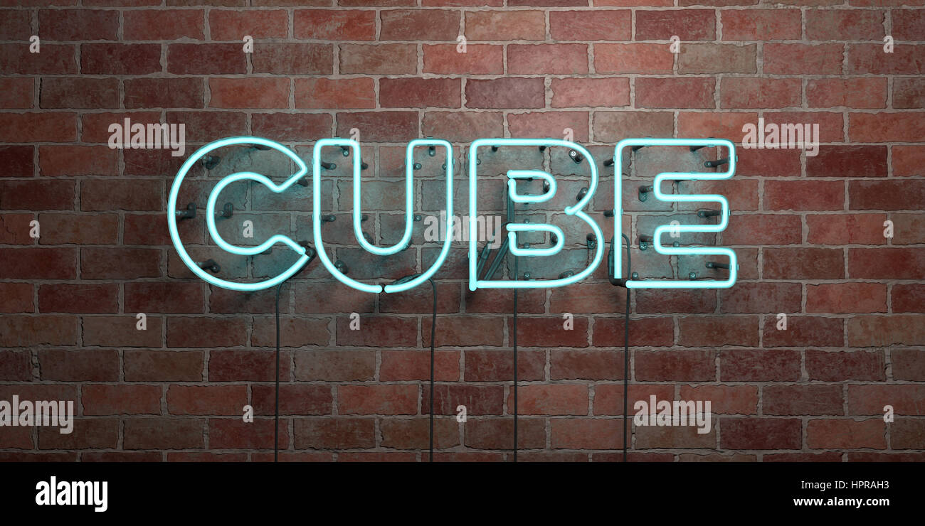 CUBE - fluorescent Neon tube Sign on brickwork - Front view - 3D ...