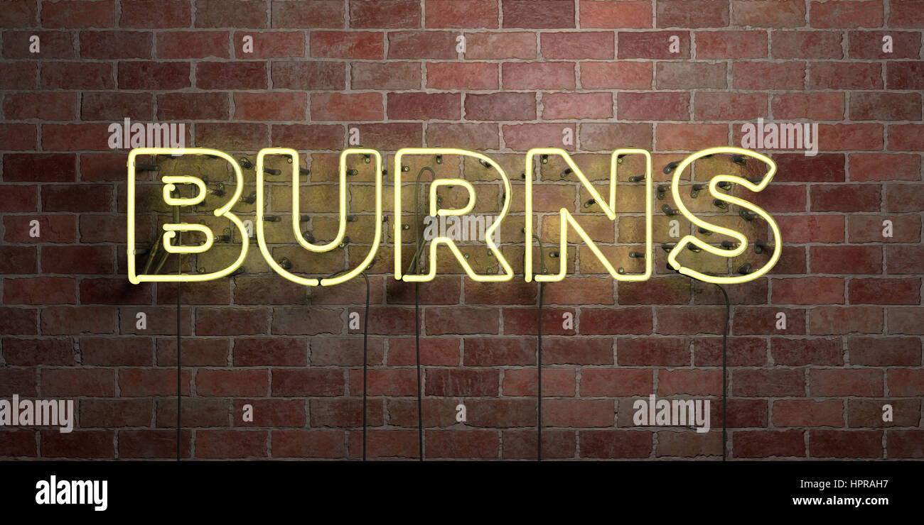 BURNS - fluorescent Neon tube Sign on brickwork - Front view - 3D ...