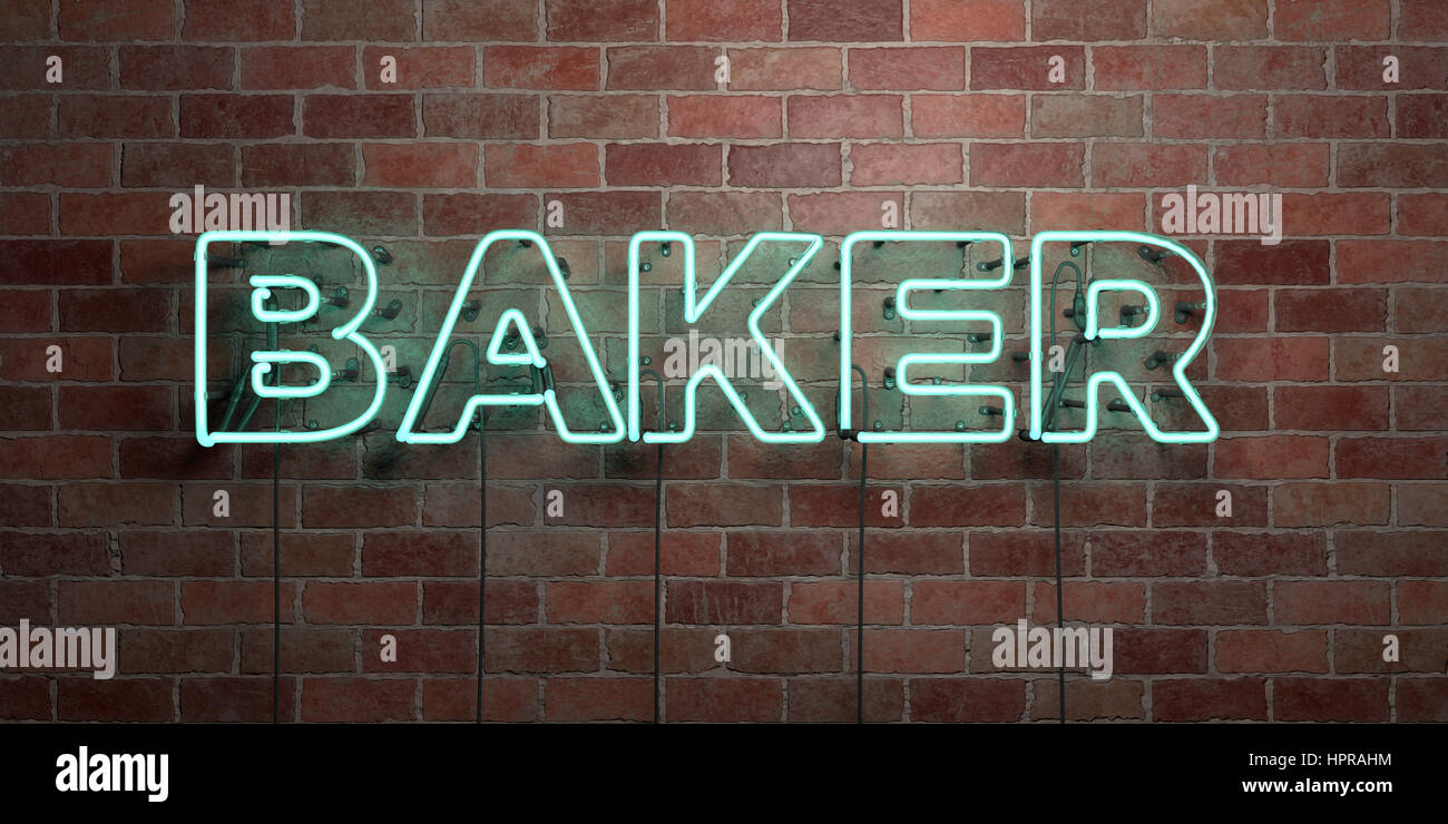 BAKER - fluorescent Neon tube Sign on brickwork - Front view - 3D ...